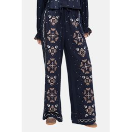 Jerseyhose RAFFYA "Penny Wide Leg Embroidered Trouser Damen", Damen, Gr. 36, Normalgr&ouml;&szlig;en, navy, 70% Viskose, 30% Leinen, normal, Hosen Jerseyhose