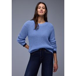 Rundhalspullover Street One, Damen, Gr. 42, bonnet blau, Strick, Obermaterial: 59% Baumwolle, 41% Polyester, unifarben, regular fit normal, Rundhals, Rippb&uuml;ndchen, Pullover Rundhalspullover, mit Rippb&uuml;ndchen