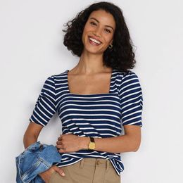 LANDS' END Gestreiftes Baumwollshirt mit eckigem Ausschnitt und Puff&auml;rmeln, Damen,  Blau, Baumwolle, by Lands' End