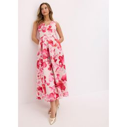 bonprix Maxikleid aus gl&auml;nzendem Satin, wei&szlig;, Gr.46, Modern und feminin: Maxikleid mit Taillen-Einsatz und Falten-Rock aus gl&auml;nzendem Satin mit floralem Print