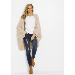 Strickponcho bonprix, Damen, beige (kieselbeige), Strick, Obermaterial: 100% Polyester, Strukturmuster, unifarben, figurumspielend ca. Mitte Oberschenkel, ohne Ausschnitt, Pullover, aus Strukturstrick, 3/4-&Auml;rmel, figurumspielend im Cardigan-Look
