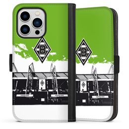 DeinDesign iPhone 13 Pro Handy Klapph&uuml;lle Handyh&uuml;lle aus Kunst Leder schwarz Flip Case Merchandise Borussia M&ouml;nchengladbach Stadium Sideflip mit Lasche