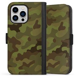 DeinDesign iPhone 13 Pro Handy Klapph&uuml;lle Handyh&uuml;lle aus Kunst Leder schwarz Flip Case Camouflage Tarnmuster Army Sideflip mit Lasche