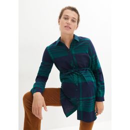 bonprix Damen Umstandsbluse "Lange Umstandsbluse aus weichem Baumwoll-Flanell", blau, Gr. 52, Obermaterial: 100% Baumwolle, Blusen, figurumspielende