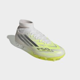 Fu&szlig;ballschuh adidas Performance "F50 SPARKFUSION LEAGUE MID CUT FG/AG", Damen, Gr. 39, cloud wei&szlig;, iron metallic, hi, res gelb, Synthetik, Textil, Schuhe Fu&szlig;ballschuh, f&uuml;r Rasen und Kunstrasenpl&auml;tze geeignet