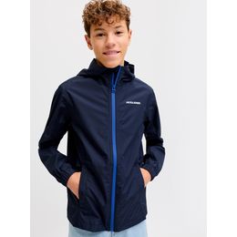 Jack & Jones Jungen Regenjacke "JJEFLYNN RAIN JACKET SN JNR", blau, Gr. 128, JACK & JONES JUNIOR, unifarben mit Farbeinsatz, Web, Obermaterial: 100% Polyester,