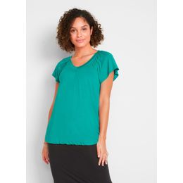 bonprix Damen T-Shirt, gr&uuml;n, Gr. 56, Obermaterial: 95% Viskose, 5% Elasthan, Shirts, Ballonform, mit kurzen Fl&uuml;gel&auml;rmeln, mit Gummibund am Saum
