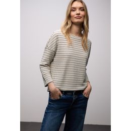 3/4-Arm-Shirt Street One, Damen, Gr. 44, sanftes wei&szlig;, Strick, Obermaterial: 65% Baumwolle, 35% Polyester, gestreift, l&auml;ssig geschnitten h&uuml;ftbedeckend, U-Boot-Ausschnitt, Shirts 3/4-Arm-Shirt, mit gestreiften Strick-Look und U-Boot-Ausschnitt