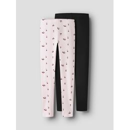Leggings name it "NKFVIVIAN 2P AOP LEGGING", M&auml;dchen, Gr. 122/128, N-Gr, schwarz, Single Jersey, Obermaterial: 95% Baumwolle, 5% Elasthan, gemustert, unifarben, slim fit normal, Hosen Leggings
