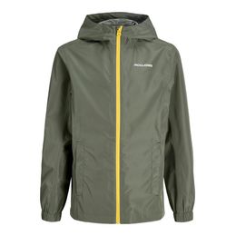 Jack & Jones Jungen Regenjacke "JJEFLYNN RAIN JACKET SN JNR", gr&uuml;n, Gr. 164, JACK & JONES JUNIOR, unifarben mit Farbeinsatz, Web, Obermaterial: 100% Polyester,