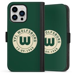DeinDesign iPhone 13 Pro Handy Klapph&uuml;lle Handyh&uuml;lle aus Kunst Leder schwarz Flip Case 80 Jahre Vfl Wolfsburg Official Licensed Product Sideflip mit Lasche