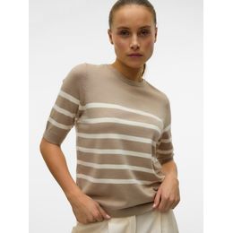 V&eacute;ro Moda Kurzarmpullover VERO MODA "VMSABA PLAIN, Feinstrickpullover", Damen, Gr. S, silber mink stripes:w birch, Feinstrick, Obermaterial: 50% Viskose, 28% Polyester, 22% Nylon, gestreift, regular fit normal, Rundhals, Pullover, im Regular Fit aus pflegeleichtem Materialmix mit Viskose