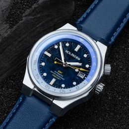 Holzkern; Holzuhr GMT Cloudhopper (Marmor/Blau), Herren, Naturholz