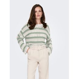 Rundhalspullover Only "ONLASA LS SHORT O-NECK CC KNT", Damen, Gr. S, birch stripes:laurel wreth, jadeite, Strick, Obermaterial: 60% Baumwolle, 40% Polyacryl, gestreift, regular fit h&uuml;ftlang, Rundhals, Pullover Rundhalspullover