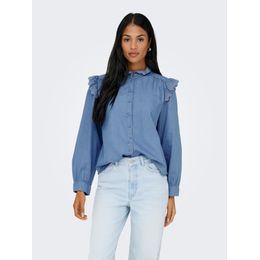 Jeansbluse Only "ONLPIPER L/S EMB FRILL DNM SHIRT QYT", Damen, Gr. L, medium blau denim, Web, Obermaterial: 65% Baumwolle, 35% Lyocell, unifarben, regular fit normal, Blusen Jeansbluse, mit R&uuml;schen