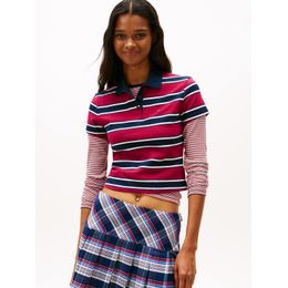 Poloshirt Tommy Jeans "TJW SLIM SH ESSENTIAL SS POLO", Damen, Gr. S (36), lavish cerise, multi stripe, Single Jersey, Obermaterial: 98% Baumwolle, 2% Elasthan, gestreift, slim fit, Shirts Poloshirt