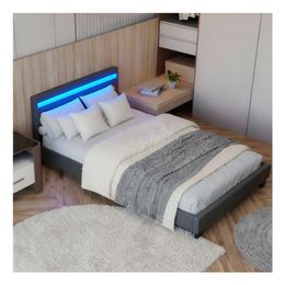 Juskys Polsterbett Paris 120 x 200 cm &ndash; Bett mit LED-Beleuchtung, Lattenrost & Kopfteil - Grau