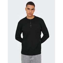 Only & Sons Langarmshirt ONLY & SONS "ONSTOBIE REG LS HENLEY TEE NOOS", Herren, Gr. M, schwarz, Jersey, Obermaterial: 60% Baumwolle, 40% Polyester, unifarben, regular fit normal, Rundhals, B&uuml;ndchen, Shirts Langarmshirt, Baumwollmischung, regular fit
