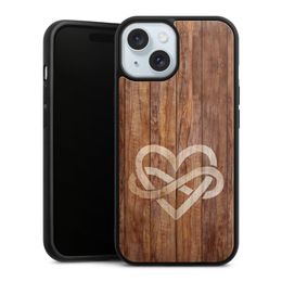 DeinDesign iPhone 15 Handy Gallery Case Handyh&uuml;lle 9H Geh&auml;rtetes Glas R&uuml;ckseite H&uuml;lle Love Wooden Look Heart Gallery Case