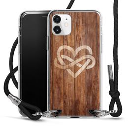 DeinDesign iPhone 11 Handy Carry Case H&uuml;lle mit Band Handykette zum Umh&auml;ngen schwarz Wooden Look Love Heart Carry Case