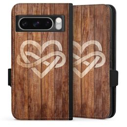 DeinDesign Google Pixel 8 Pro Handy Klapph&uuml;lle Handyh&uuml;lle aus Kunst Leder schwarz Flip Case Wooden Look Love Heart Sideflip mit Lasche