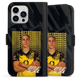 DeinDesign iPhone 13 Pro Handy Klapph&uuml;lle Handyh&uuml;lle aus Kunst Leder schwarz Flip Case Borussia Dortmund Nico Schlotterbeck Bvb Sideflip mit Lasche