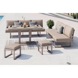 Ambia Garden Dining-Loungeset, Hellgrau, Beige, Metall, Glas, Textil, 5-teilig, F&uuml;llung: Schaumstoff,Polyester, Loungem&ouml;bel, Gartenlounge-Sets