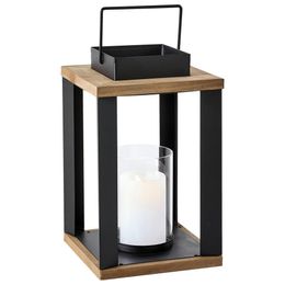 Ambia Home Laterne, Braun, Schwarz, Holz, Metall, Glas, vollmassiv, geometrisch, rechteckig, 18x30x18 cm, Glaseinsatz, Dekoration, Windlichter & Laternen, Laternen