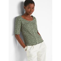 bonprix Damen bonprix T-Shirt &raquo;Ripp-Shirt mit Blumendruck, Halbarm&laquo; bequeme Passform, Halbarm-Design, mit Blumendruck, aus Baumwolle gr&uuml;n 56/58 (XXXL)