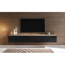 Lowboard Home Affaire "LOWBOARD VERA, wahlweise mit oder ohne Beleuchtung", schwarz (votan eichefarben, schwarz hochglanz), B:180cm H:30cm T:33cm, Sideboards, Lowboard, Modernes griffloses TV-Board, 180 cm TV-Schrank, stehend und h&auml;ngend