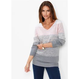 Longpullover bonprix "Long-Pullover mit Cashmere-Anteil", Damen, Gr. 40/42 (M), rosa (zartrosa, grau meliert gestreift), Obermaterial: 40% Viskose, 30% Polyamid, 25% Polyester, 5% Kaschmir, loose fit, Pullover Longpullover, aus Viskose, Polyamid, Polyester und Kaschmir, lockere Passform