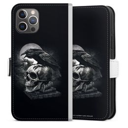 DeinDesign iPhone 12 Pro Handy Klapph&uuml;lle Handyh&uuml;lle aus Kunst Leder wei&szlig; Flip Case Raven Skulls Skull Sideflip mit Lasche
