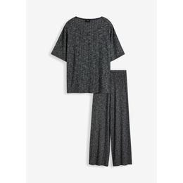 bonprix Oversized Loungewear Ripp-Hausanzug, schwarz, Gr.36/38 (S), Gem&uuml;tlicher weit geschnittener Ripp-Hausanzug mit kurzen &Auml;rmeln und Culotte, aus Rippware,Viskose