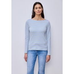 Street One Damen Langarmshirtbonnet blau, Gr. 42, gestreift, Web, 100% Baumwolle, Shirts, mit U-Boot-Ausschnitt