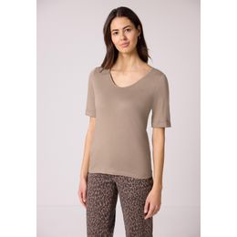 Street One Damen T-Shirt, beige, Gr. 42, unifarben, Web, 50% Modal, 50% Baumwolle, Shirts, mit V-Ausschnitt