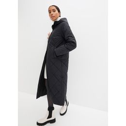 bonprix Langer wattierter Steppmantel mit Kapuze, schwarz