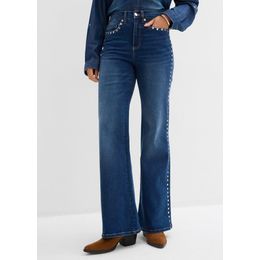 bonprix Flared-Jeans High Waist mit Nietenbesatz, blau, Gr.50, Flared-Jeans High Waist mit Nietenbesatz, 71% Baumwolle