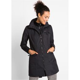 bonprix wasserdichter Funktions-Outdoor-&Uuml;bergangsmantel mit Kapuze 2 in 1-Optik, schwarz, Gr.42, Regenjacke mit zahlreichen Taschen