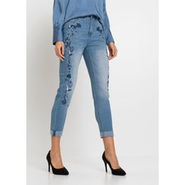bonprix Slim-Fit-Jeans Mid Waist cropped, blau, Gr.40, Moderne Jeans mit Stickerei, 71% Baumwolle