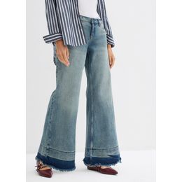 bonprix Wide-Leg-Jeans Mid Waist, blau, Gr.42, Extra weite Jeans mit gewaschenem Saum, 99% Baumwolle