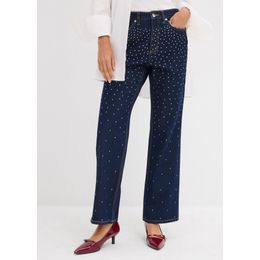 bonprix Straight-Jeans Mid Waist mit Strass, blau, Gr.46, Straight-Jeans Mid Waist Bequembund mit Strass, 99% Baumwolle
