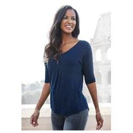 Kurzarmshirt Lascana "mit Kellerfalte", Damen, Gr. 44/46, blau (navy, gepunktet), Obermaterial: 96% Viskose, 4% Elasthan, gemustert, ausgestellt, V-Ausschnitt, Shirts, aus weichem Viskose-Stretch