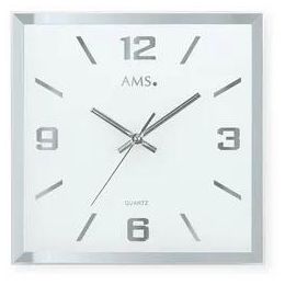 Wanduhr AMS "W9324", bunt (silberfarben, wei&szlig;), Wanduhren, B/H/L: 27cm x 27cm, Wanduhr, Quarzuhr,Glas,Wohnzimmer,Esszimmer,K&uuml;che,Arbeitszimmer,B&uuml;ro, Flur