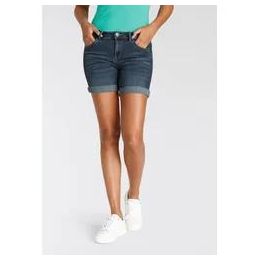 Jeansshorts Arizona "Ultra-Stretch", Damen, Gr. 44, N-Gr, blau (dunkelblau us), Jeans, Obermaterial: 74% Baumwolle, 24% Polyester, 2% Elasthan, Basic, extraeng kurz, Jeans Jeansshorts, extra eng geschnitten, krempelbare Beinabschl&uuml;sse
