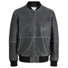 Jack & Jones Lederjacke JACK & JONES "JJECHARGE LEATHER BOMBER SN", Herren, Gr. S, schwarz (schwarz detail:washed), Web, Obermaterial: 100% Lammleder, unifarben, regular fit, hoch geschlossener Ausschnitt, Rippb&uuml;ndchen, Jacken