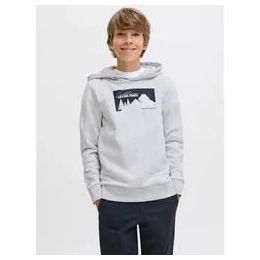 Jack & Jones Kapuzensweatshirt JACK & JONES JUNIOR "JJSUN SWEAT HOOD JNR", Jungen, Gr. 128, wei&szlig; (wei&szlig; melange), angeraute Sweatware, Obermaterial: 60% Baumwolle, 40% Polyester, bedruckt, regular fit normal, Rippb&uuml;ndchen, Sweatshirts
