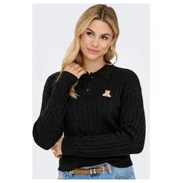 Strickpullover Only "ONLKATIA LS CABLE POLO CC KNT", Damen, Gr. XS, schwarz detail:teddy emb, dtm button, Strick, Obermaterial: 50% Viskose, 27% Nylon, 23% Polyester, gestreift, regular fit normal, Rundhals, Pullover Strickpullover