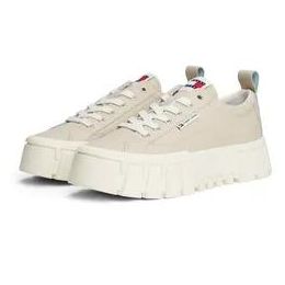 Tommy Hilfiger Plateausneaker TOMMY JEANS "TJW VULC FLATFORM LEATHER", Damen, Gr. 42, beige, Leder, Lederimitat, unifarben, Schuhe Plateausneaker, Freizeitschuh, Halbschuh, Schn&uuml;rschuh mit dezenten Ziern&auml;hten