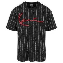 T-Shirt Karl Kani "Karl Kani Herren KKMQ12130BLK Signature Logo Pinstripe Tee", Damen, Gr. XS, schwarz, 100% Baumwolle, bedruckt, relaxed fit, Rundhals, Shirts T-Shirt