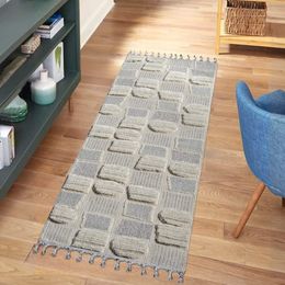 Hochflor-Teppich Carpet City "VALENCIA 950", blau (grau, blau), B:80cm H:20mm L:300cm, Obermaterial: 55% Polypropylen, 45% Sisal, Teppiche, Fransenteppich, L&auml;ufer, Boho-Stil, Hochtief-Muster/ 3D-Effekt, mit Fransen